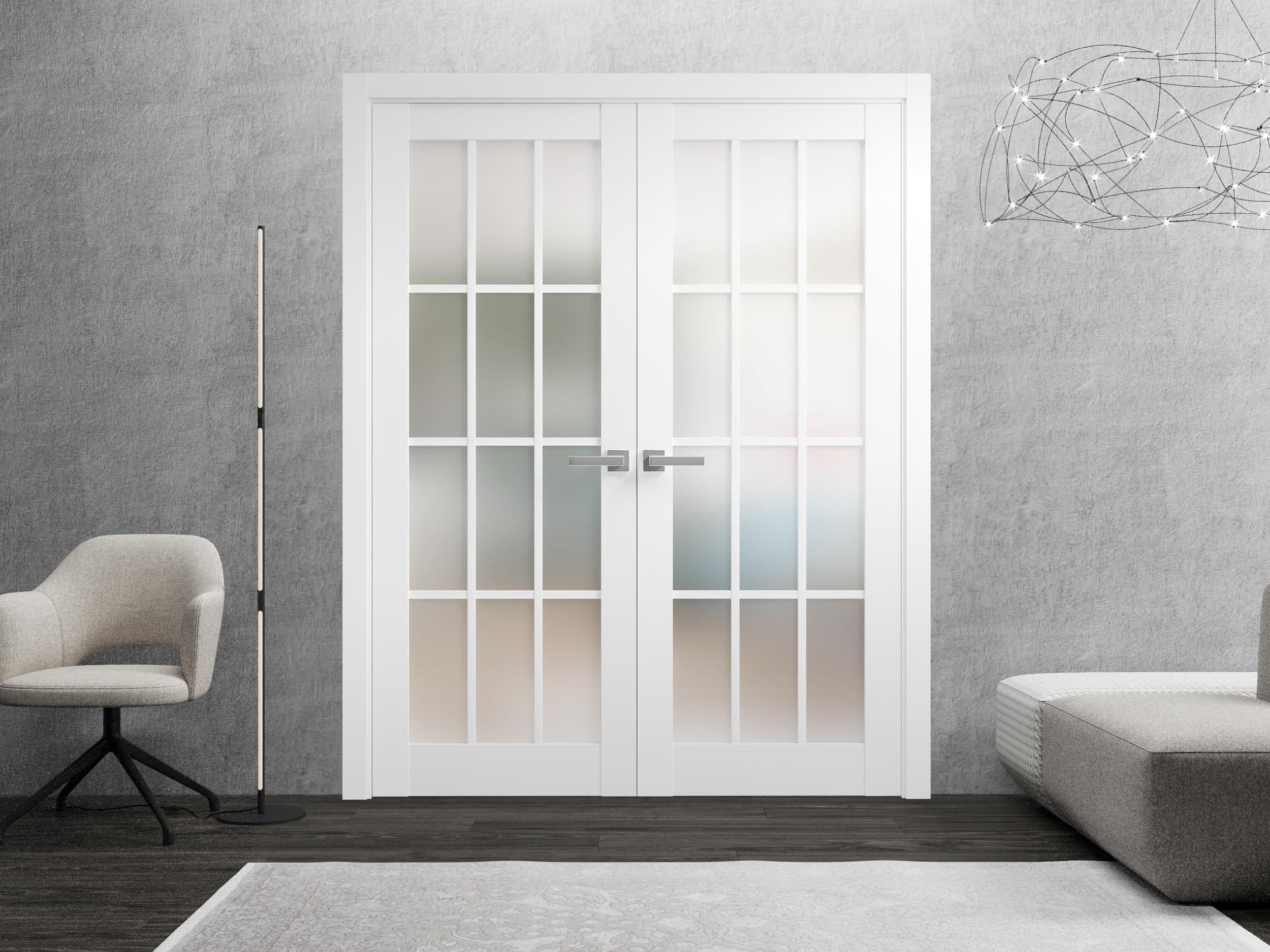 SARTODOORS Solid French Double Doors 72 x 80 inches Frosted Glass 12 Lites | Felicia 3312 Matte White | Single Regural Panel Frame Trims | Bathroom Bedroom Sturdy Doors