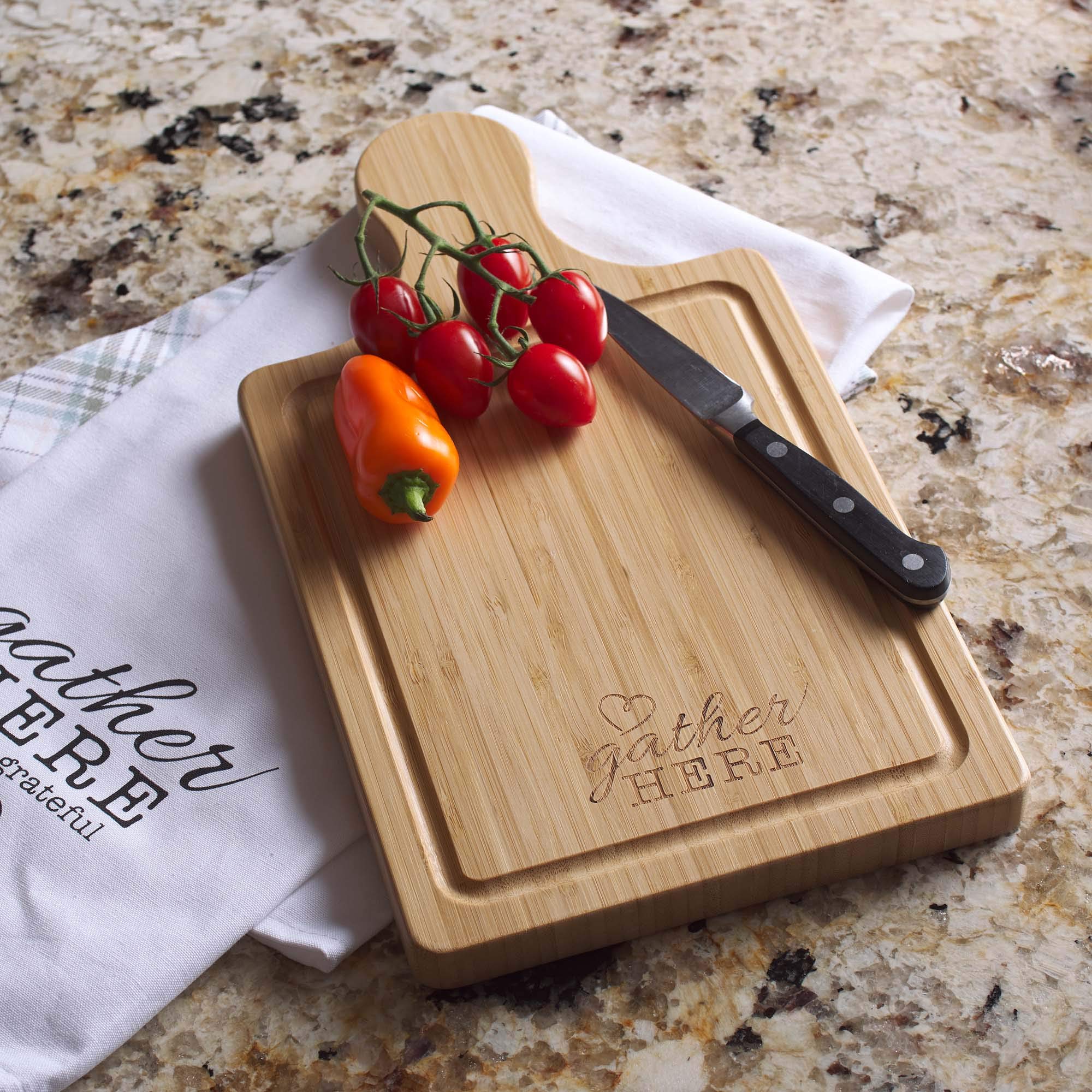 Engraved Bamboo Wood Cutting Board w/Handle | Gather Here | Mini Charcuterie Board/Appetizer Serving Tray Inspirational Home and Kitchen Décor, Small