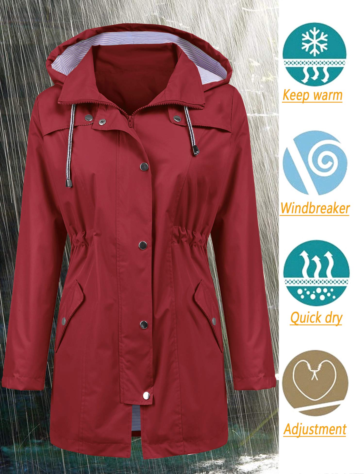 LOMON Raincoat Women Waterproof Long Hooded Trench Coats Lined Windbreaker Travel Jacket Wine Red XL