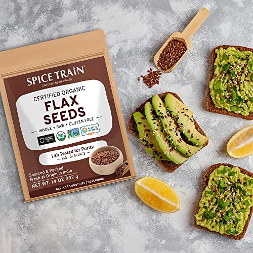 SPICE TRAIN, Organic Flax Seed with Omega3 (397g/14oz) USDA Certified, Non-GMO, Flaxseed for Flax meals & Drinks | Resealable Zip Lock Pouch | 100% Raw Flax Seeds Sourced from India | Brown Flax Seeds