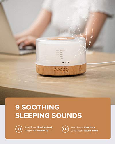 muson Essential Oil Diffuser Sound Machine Combo Diffuser for Aromatherapy Fragrant Oil Cool Mist Humidifier with Natural Sound Music & Warm Night Light, Auto Shutoff, White