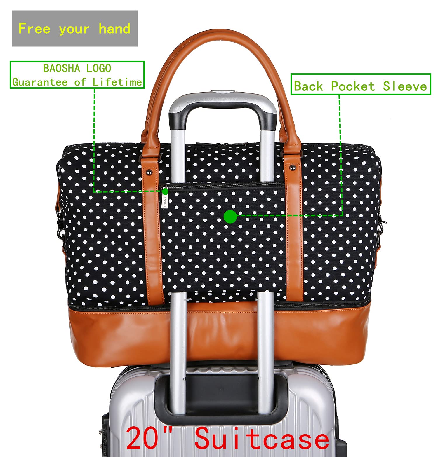 BAOSHA HB-28 Ladies Women Canvas Travel Weekender Bag Overnight Carry-on Duffel Tote Bag (Black Dot) 18 x 13 x 8 inch