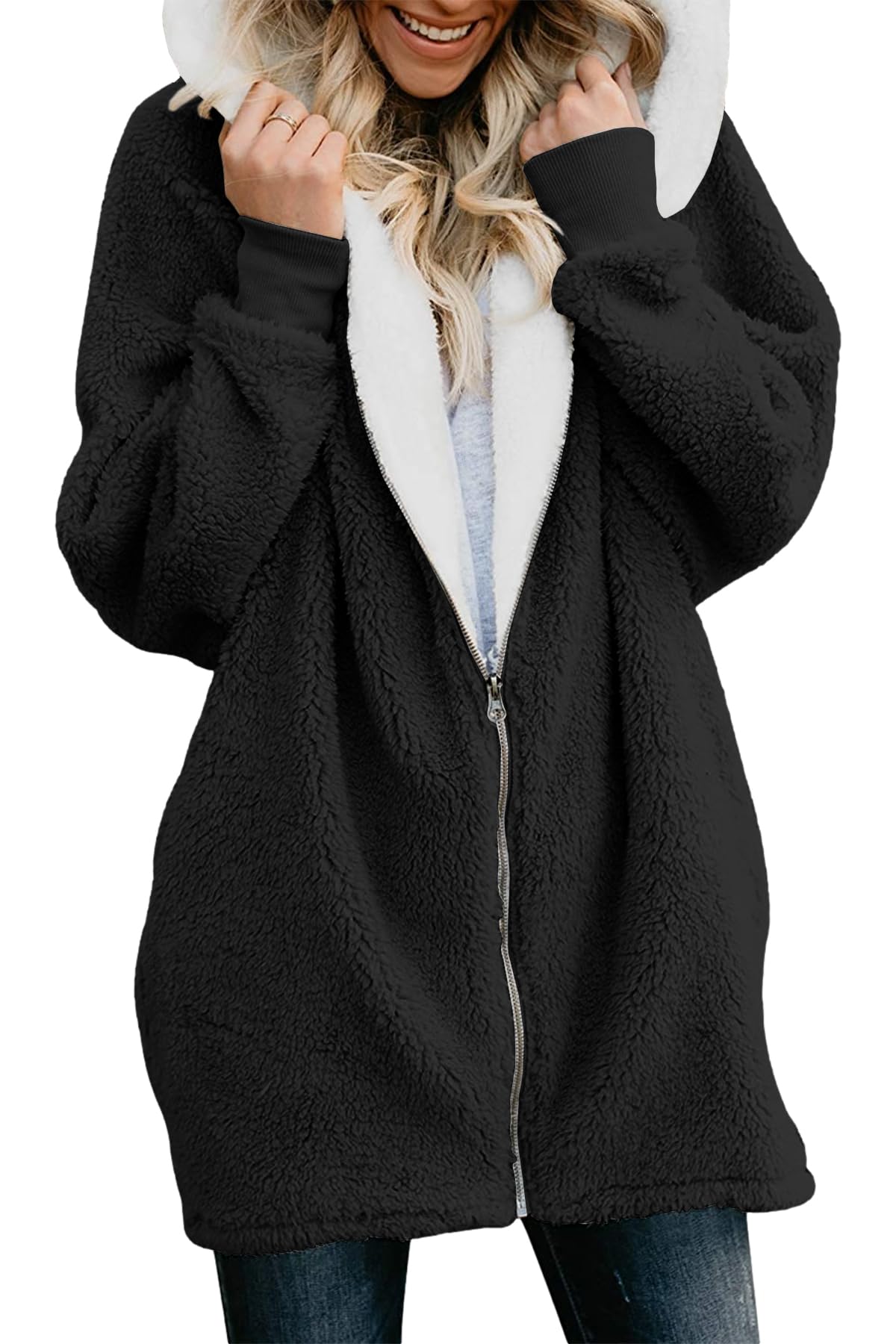 ReachMe Womens Fleece Zip Up Jacket with Pockets Oversized Long Sherpa Hoodie Fuzzy Jackets Warm Teddy Coat(02 Black,XL)