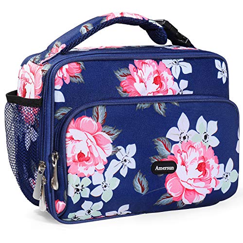 Amersun Kids Lunch Bag, Insulated School Lunch Bag with Padded Liner Keeps Food Warm Cold Longer Time,Thermal Travel Office Lunch Cooler for Teen Girls-2 Pocket,Blue Rose