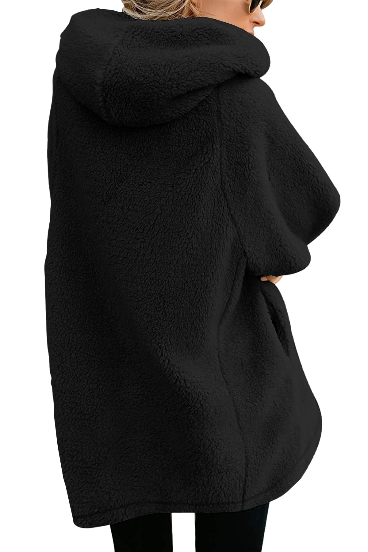 ReachMe Womens Fleece Zip Up Jacket with Pockets Oversized Long Sherpa Hoodie Fuzzy Jackets Warm Teddy Coat(02 Black,XL)