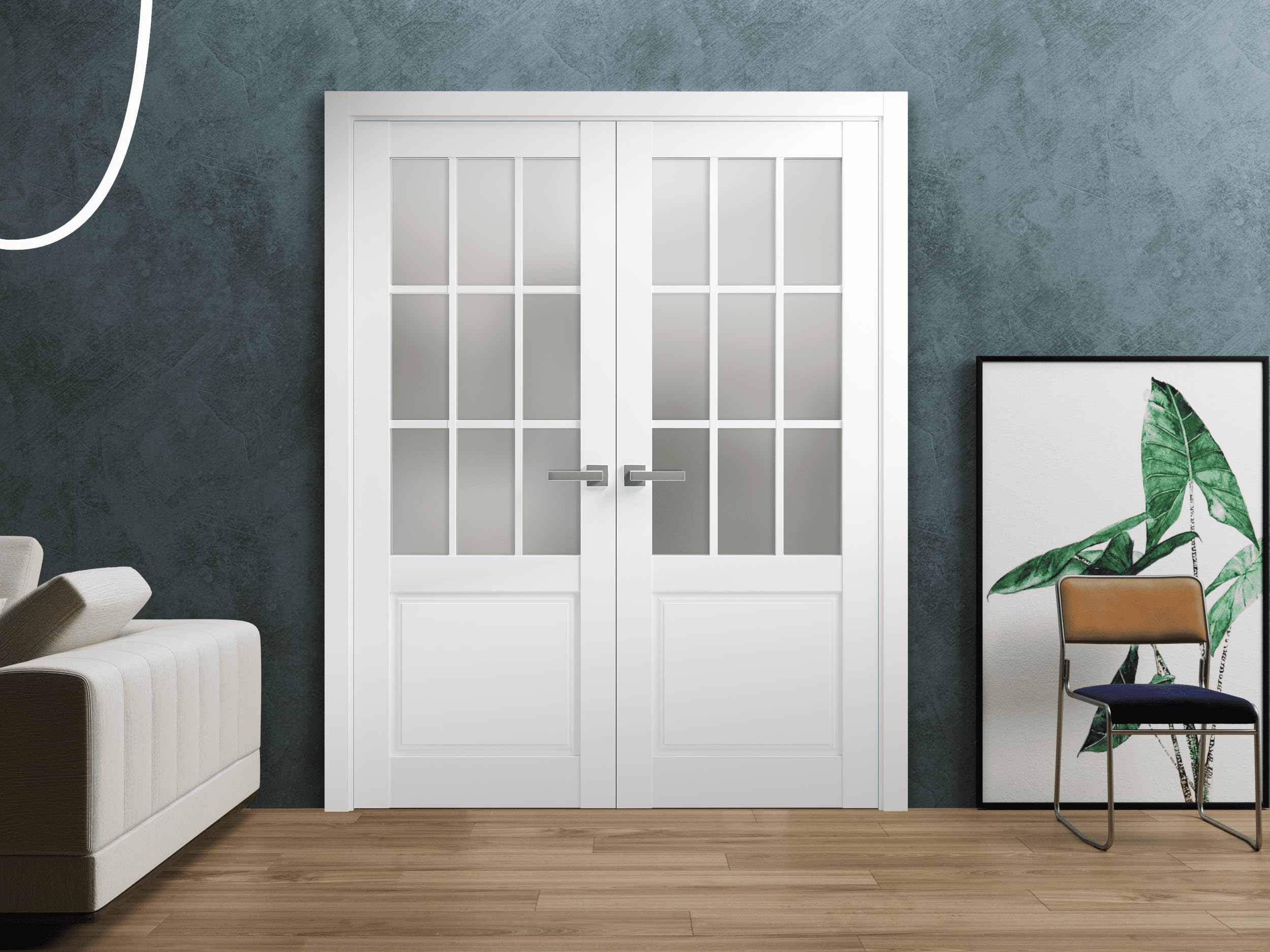 SARTODOORS Solid French Double Doors 72 x 80 inches Frosted Glass 9 Lites | Felicia 3309 Matte White | Single Regular Panel Frame Trims | Bathroom Bedroom Sturdy Doors