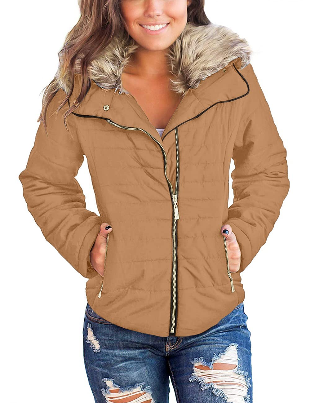 Vetinee Women Casual Faux Fur Lapel Zip Pockets Quilted Parka Jacket Puffer Coat Almond Brown X-Large (Fits US 16-US 18)