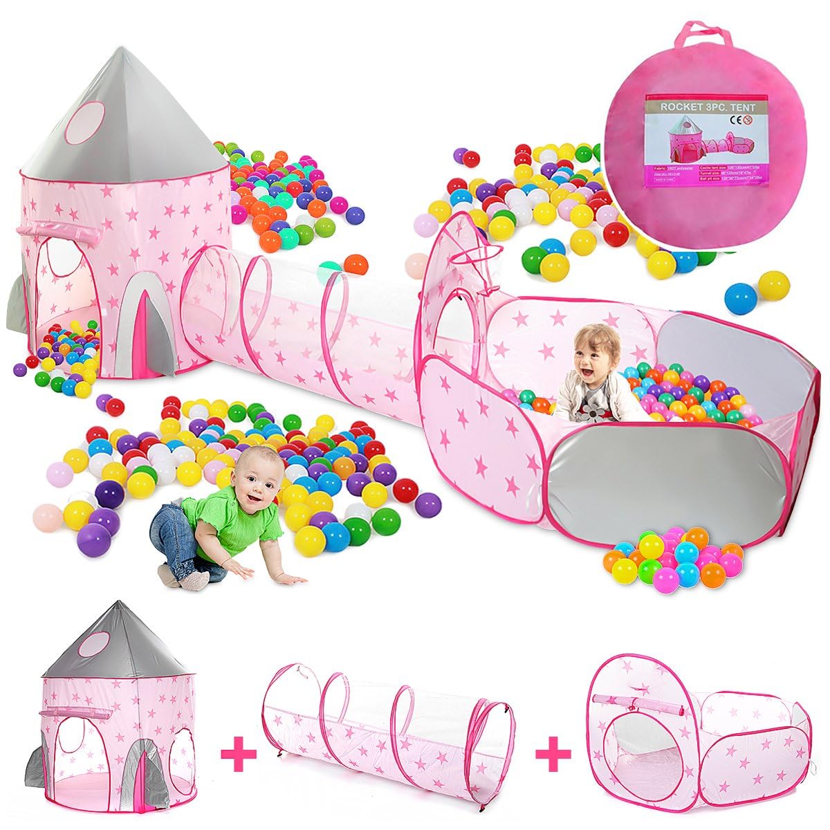 Princess Tent for Girls with Kids Play Tents, Crawl Tunnel and Baby Ball Pit for Toddlers, Pink Pop Up Playhouse Toys for Boys Indoor& Outdoor Games, Birthday Kid’s Gifts