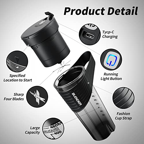 Xibonol Portable Blender, Blender for Shakes and Smoothies, 16 Oz Rechargeable Type-C Personal Blender, Mini Blender with Ultra Sharp Four Blades, Multifunctional and BPA Free Blender BottleāIdeal for Traveling, Gym, Office (Black)