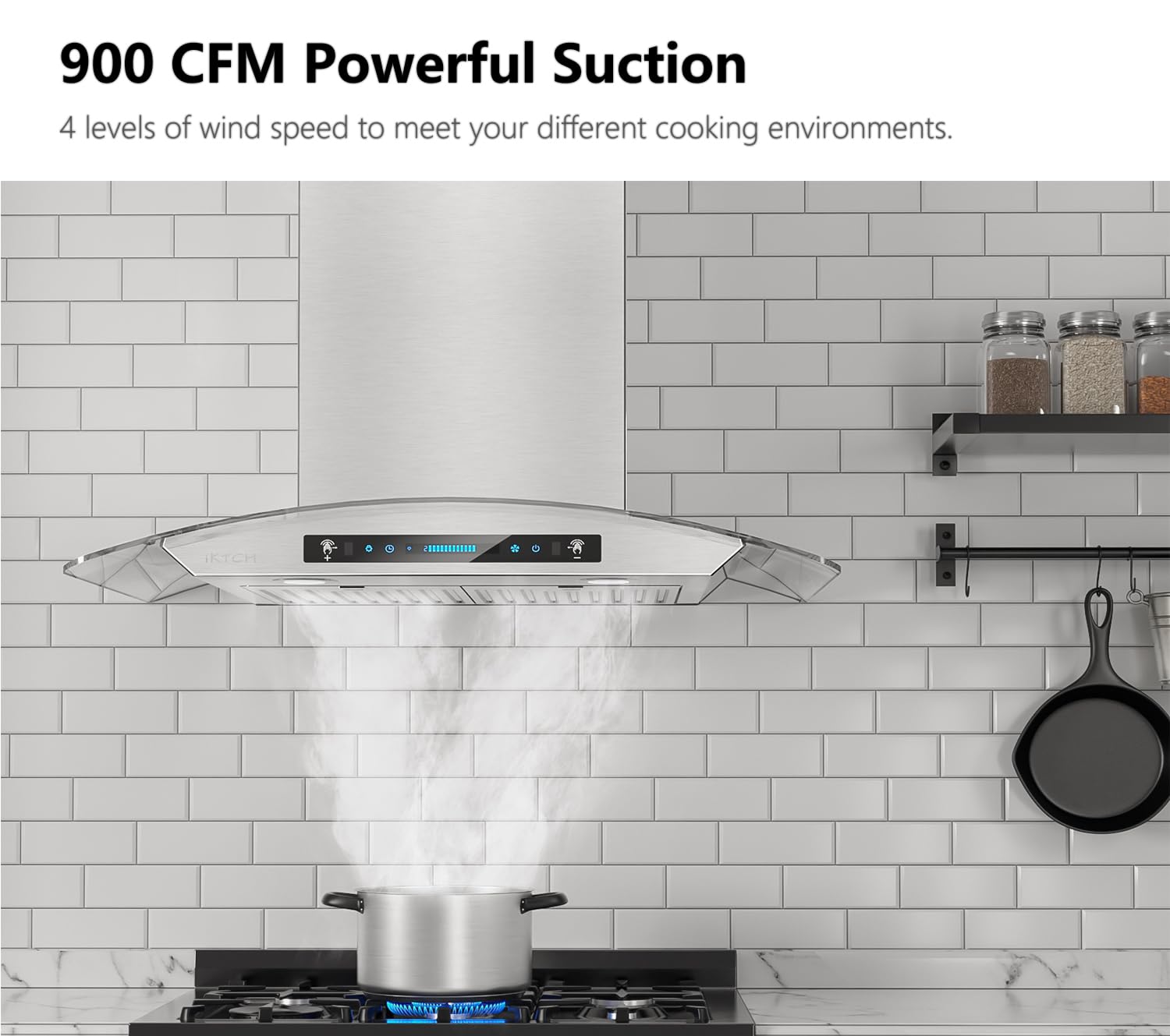 IKTCH 30-inch Wall Mount Range Hood Tempered Glass 900 CFM, Kitchen Chimney Vent Stainless Steel with Gesture Sensing & Touch Control Switch Panel, 2 Pcs Adjustable Lights(IKP03-30)