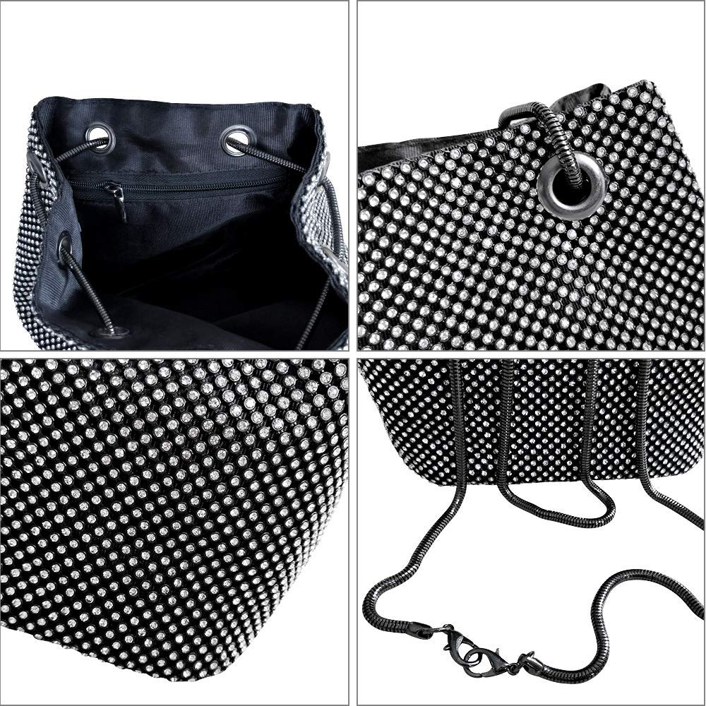 Women's Black Evening Bag- Medium Size Full Rhinestones Bucket Bling Crossbody Bag Shoulder Bag Handbag for Party Wedding Date Night