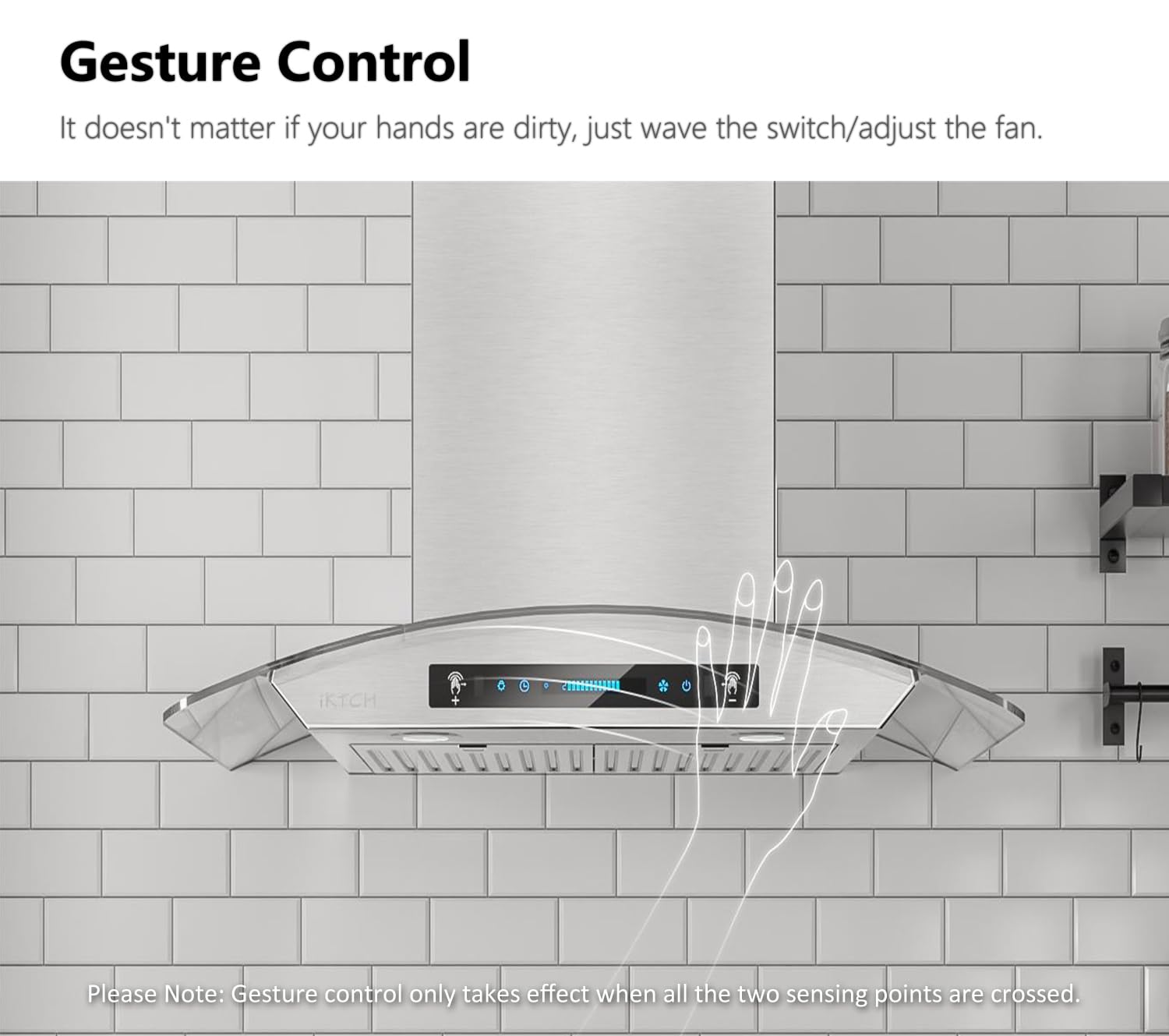 IKTCH 30-inch Wall Mount Range Hood Tempered Glass 900 CFM, Kitchen Chimney Vent Stainless Steel with Gesture Sensing & Touch Control Switch Panel, 2 Pcs Adjustable Lights(IKP03-30)