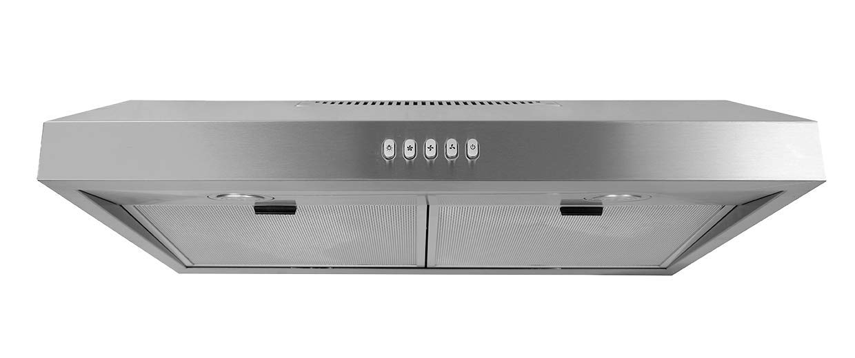 Hauslane | Chef Series PS16 30" Under Cabinet Range Hood, Stainless Steel | Contemporary Modern Design, Mechanic Button Control, Aluminum Filters, LED Lamps, 4-Way Venting Options