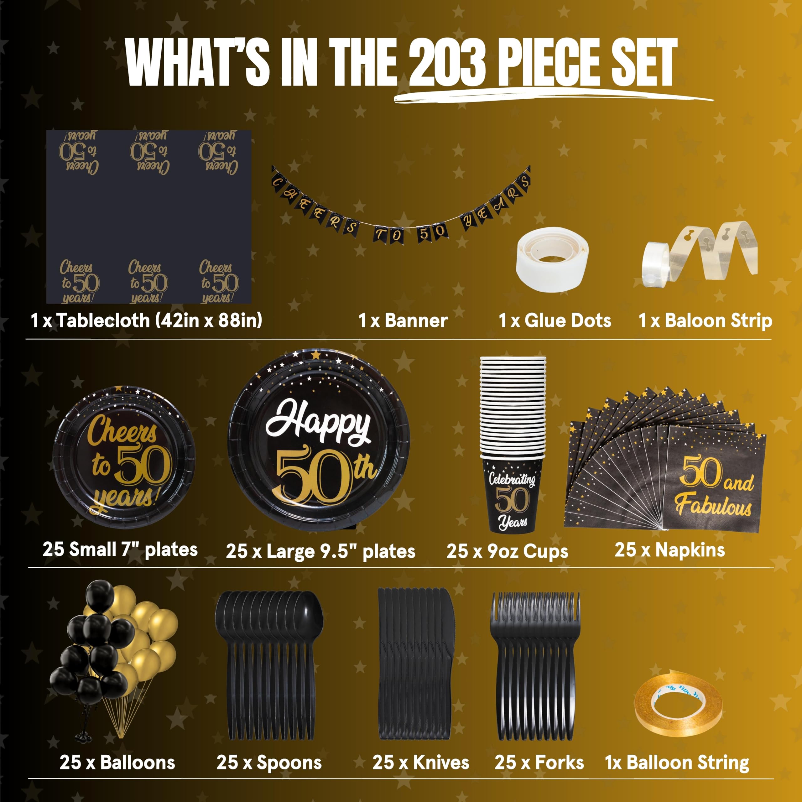 202-Piece 50th Birthday Decorations Set for Women and 50th birthday decorations men β Includes Plates, Napkins, Cups, Tablecloth, Cutlery, and Balloons β Serves 25