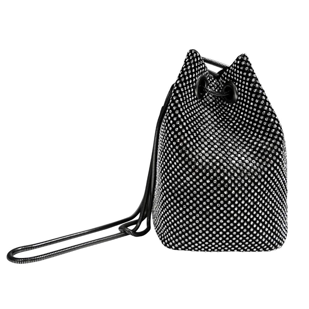 Women's Black Evening Bag- Medium Size Full Rhinestones Bucket Bling Crossbody Bag Shoulder Bag Handbag for Party Wedding Date Night