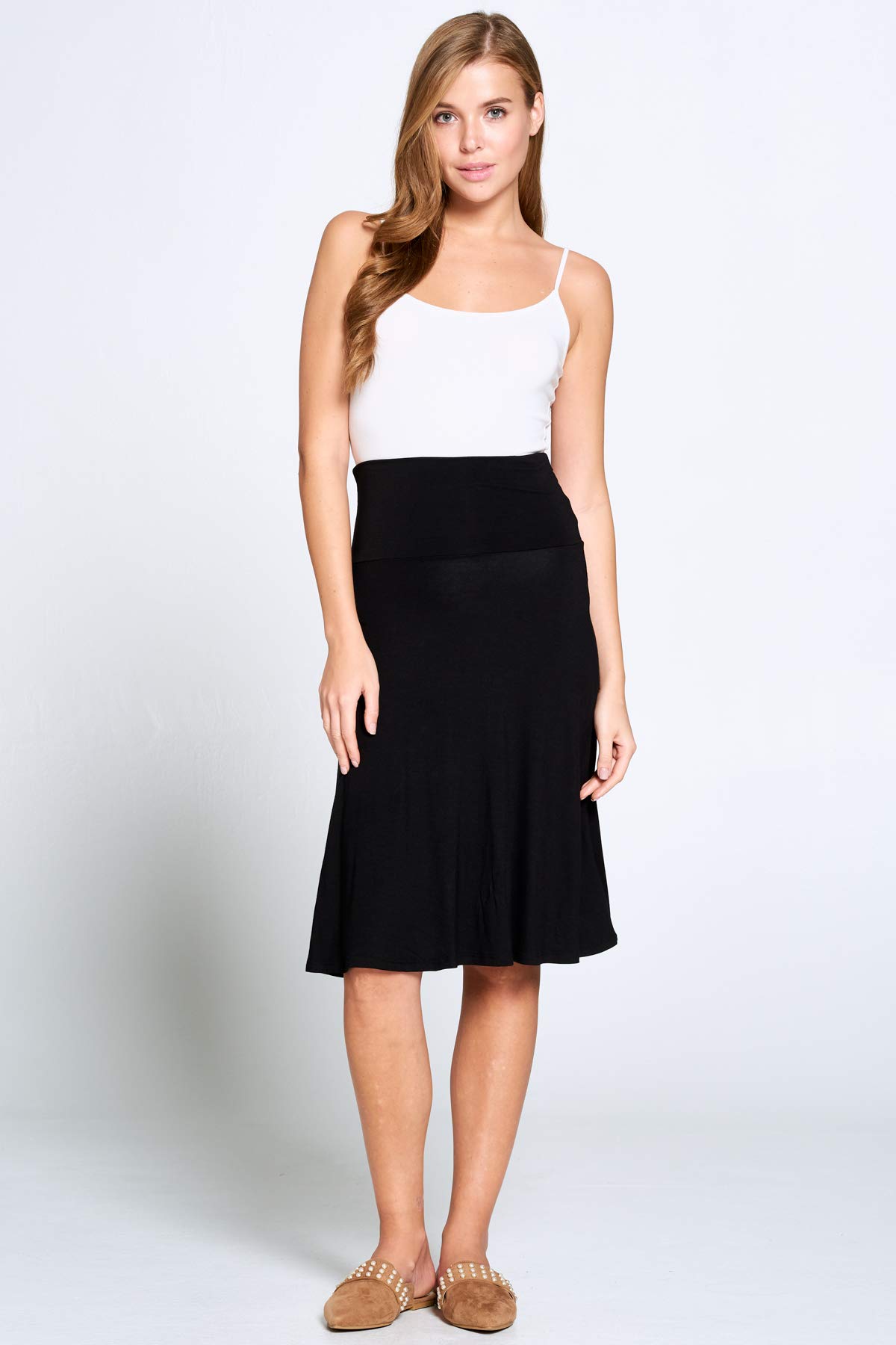 Popana Womens Casual Knee Length A-Line Stretch Midi Skirt Plus Size Made in USA Size XL Black