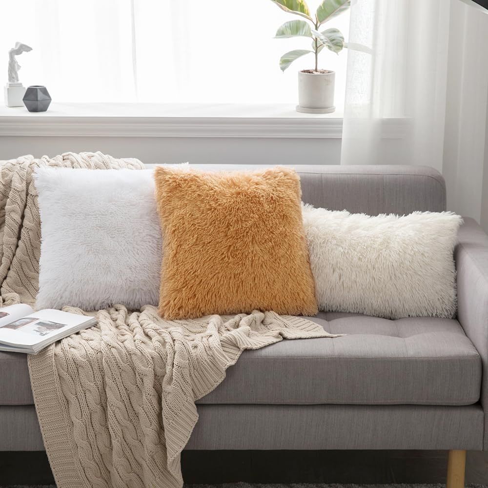 MIULEE Pack of 2 Luxury Faux Fur Decoration Throw Pillow Covers Deluxe Winter Cute Decorative Plush Pillow Case Cushion Cover Shell for Sofa Bedroom Car 16x16 Inch White