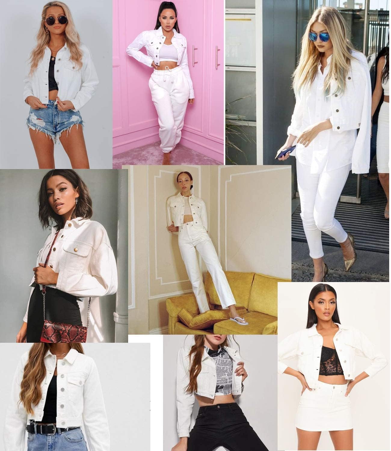 Grabsa Women's White Jean Jacket Crop Long Sleeve Button Down Denim Jackets