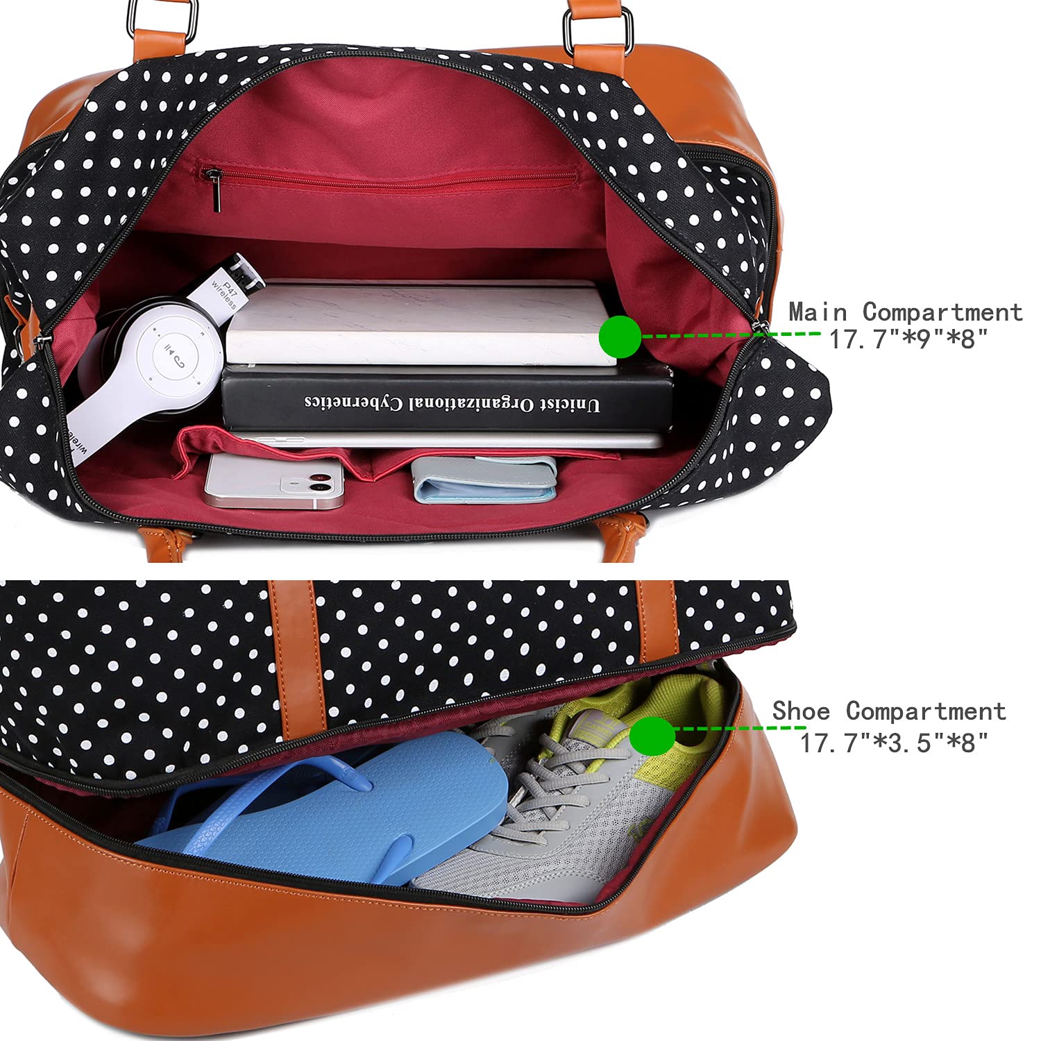 BAOSHA HB-28 Ladies Women Canvas Travel Weekender Bag Overnight Carry-on Duffel Tote Bag (Black Dot) 18 x 13 x 8 inch
