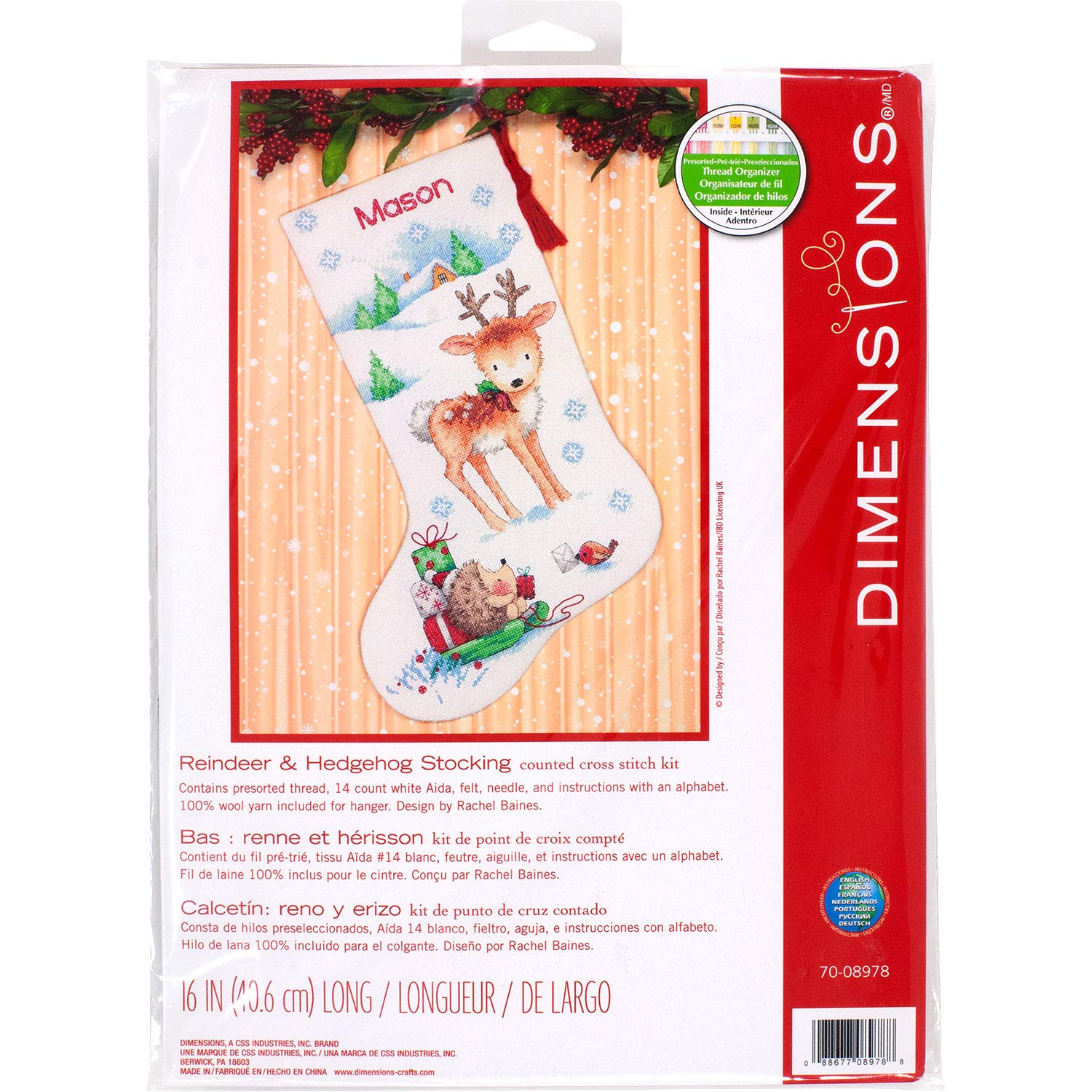Dimensions Cross Stitch 'Reindeer and Hedgehog' Personalized Christmas Stocking Kit, White Aida, 16'', 14 Count