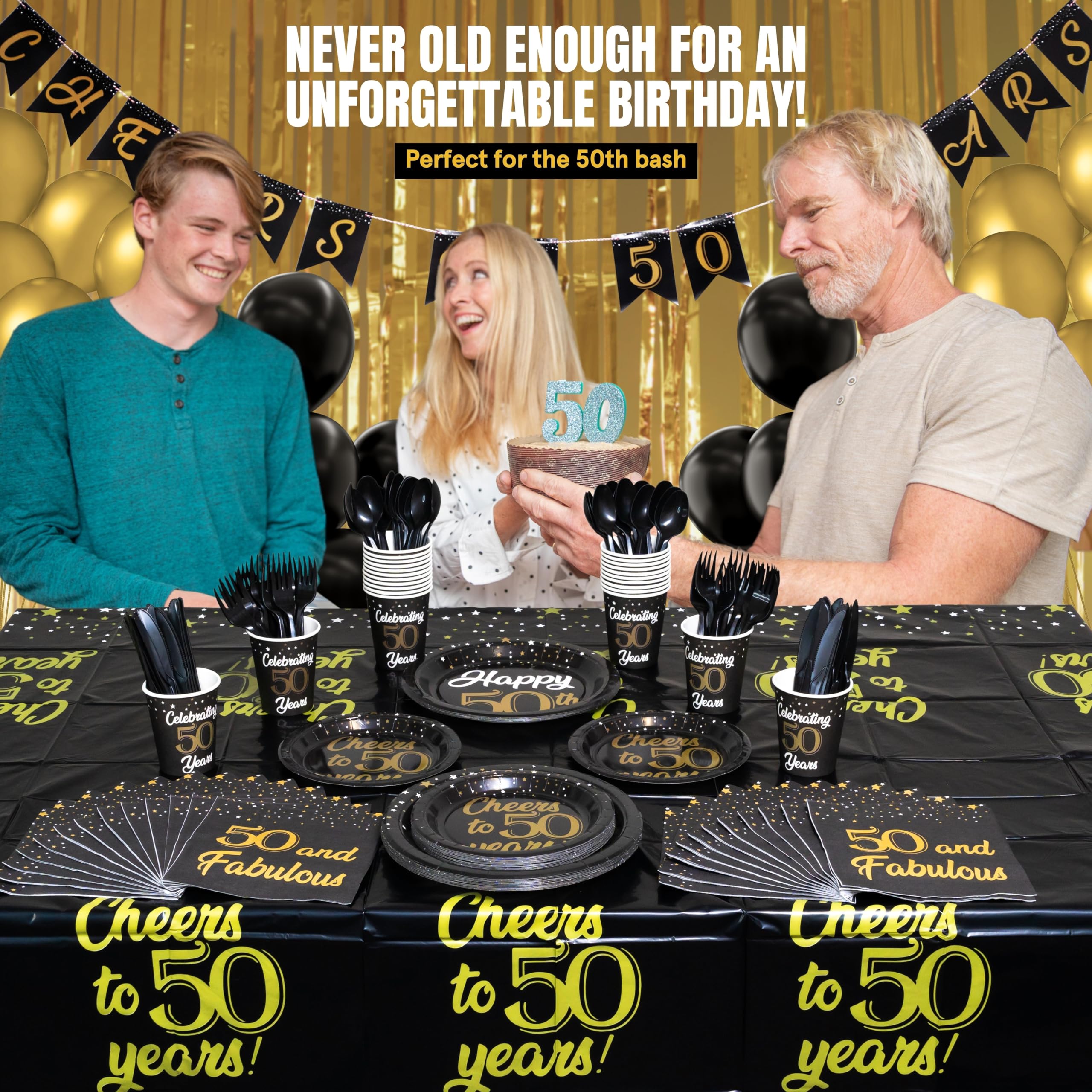 202-Piece 50th Birthday Decorations Set for Women and 50th birthday decorations men β Includes Plates, Napkins, Cups, Tablecloth, Cutlery, and Balloons β Serves 25