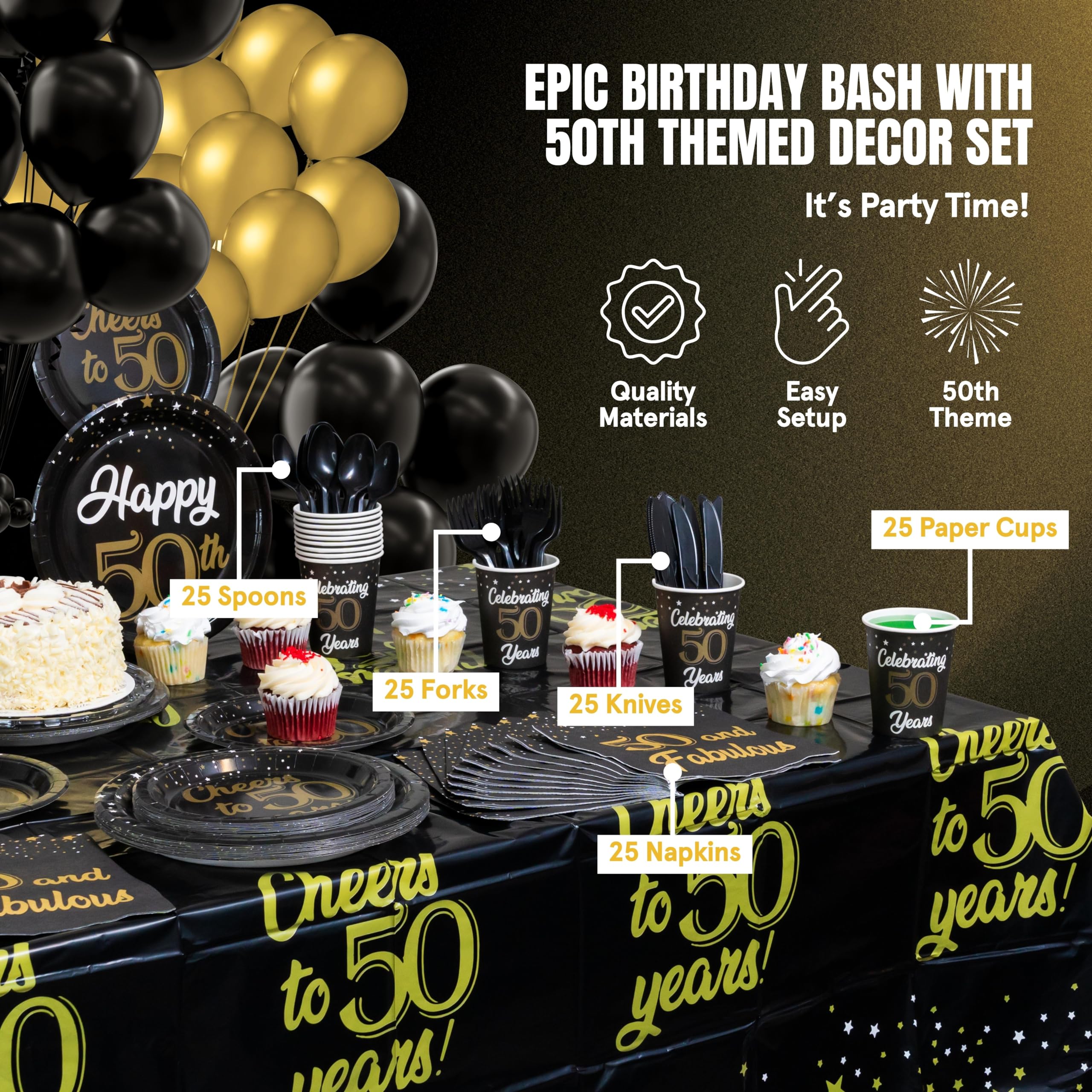 202-Piece 50th Birthday Decorations Set for Women and 50th birthday decorations men β Includes Plates, Napkins, Cups, Tablecloth, Cutlery, and Balloons β Serves 25