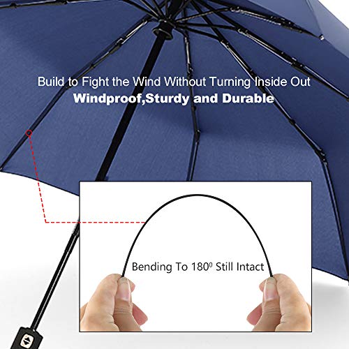 JOURNOW Windproof Travel 10 Ribs Umbrella with 210T Heavy Coating (Navy Blue)