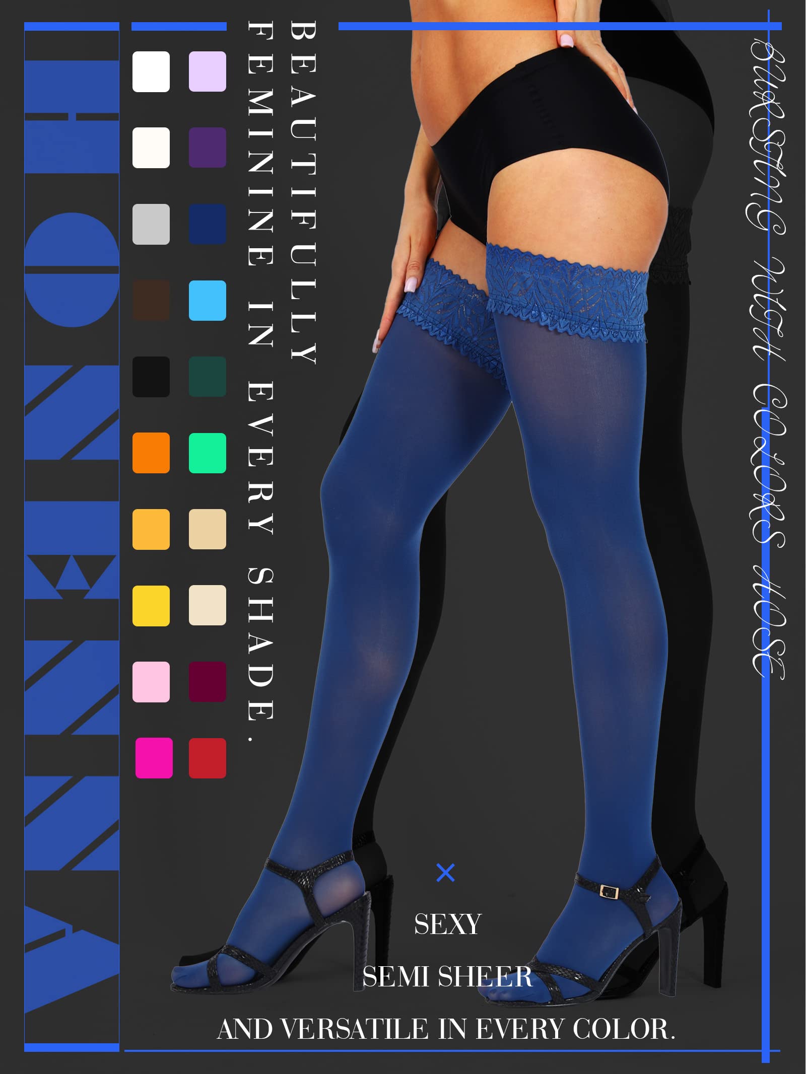 HONENNA Semi Sheer Stay Up Lingerie Thigh High Stockings Lace Top Size A-F, 1-2 Pairs