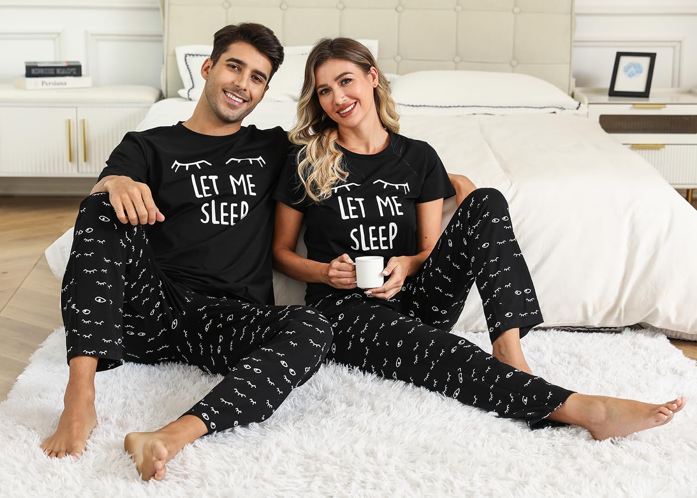EISHOPEER Women's Pajama Set Printed Short Sleeve Top & Long Pants Sleepwear Pjs Sets Black S