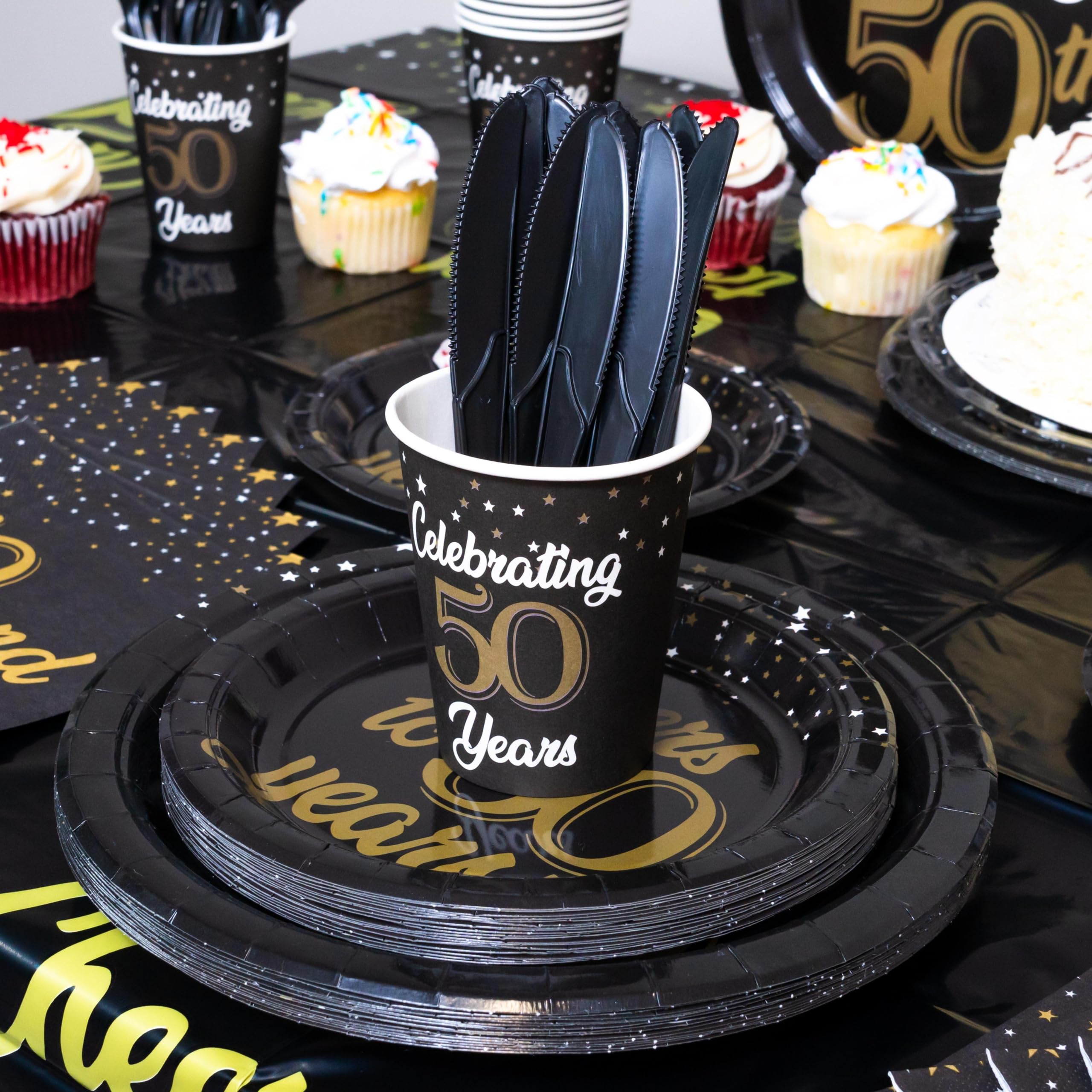 202-Piece 50th Birthday Decorations Set for Women and 50th birthday decorations men β Includes Plates, Napkins, Cups, Tablecloth, Cutlery, and Balloons β Serves 25