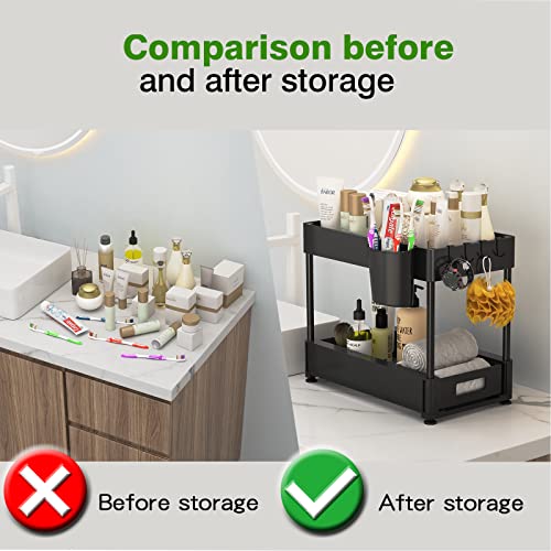 Under Sink Organizers and Storage 2 Pack, ZOMILB Bathroom Organizer 2-Tier Sliding Kitchen Cabinet Organization with Hook, Hanging Cup, Multi-purpose Under Sink Shelf Organizer for Home Storage, Black