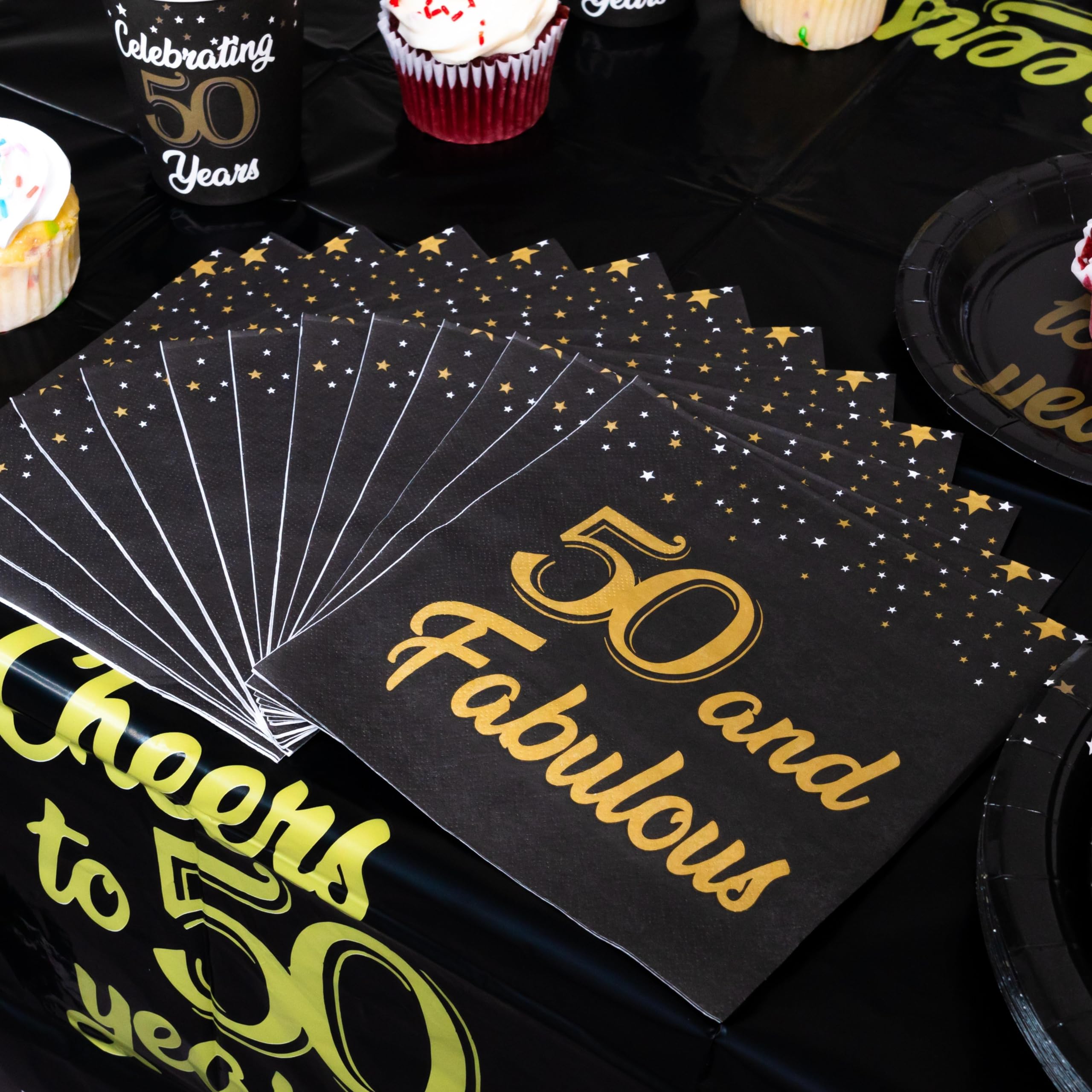202-Piece 50th Birthday Decorations Set for Women and 50th birthday decorations men β Includes Plates, Napkins, Cups, Tablecloth, Cutlery, and Balloons β Serves 25