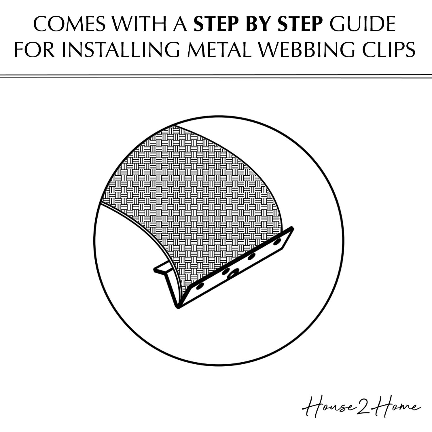 House2Home Replacement Elastic Webbing Kit to Repair Sagging Couch, Chair, Lawn,and Patio Furniture, Includes Installation Instructions, 2 Inch Wide x 60 Ft. Metal Webbing Clips