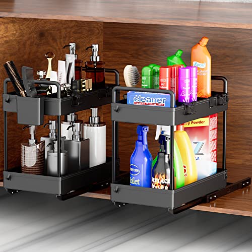 HEITICUP 2 Tier Under-Sink Organizers and Storage, Sliding Cabinet Basket Organizers, Pull Out Home Organizers with Hooks & Hanging Cups for Bathroom, Kitchen, Laundry Room, Black
