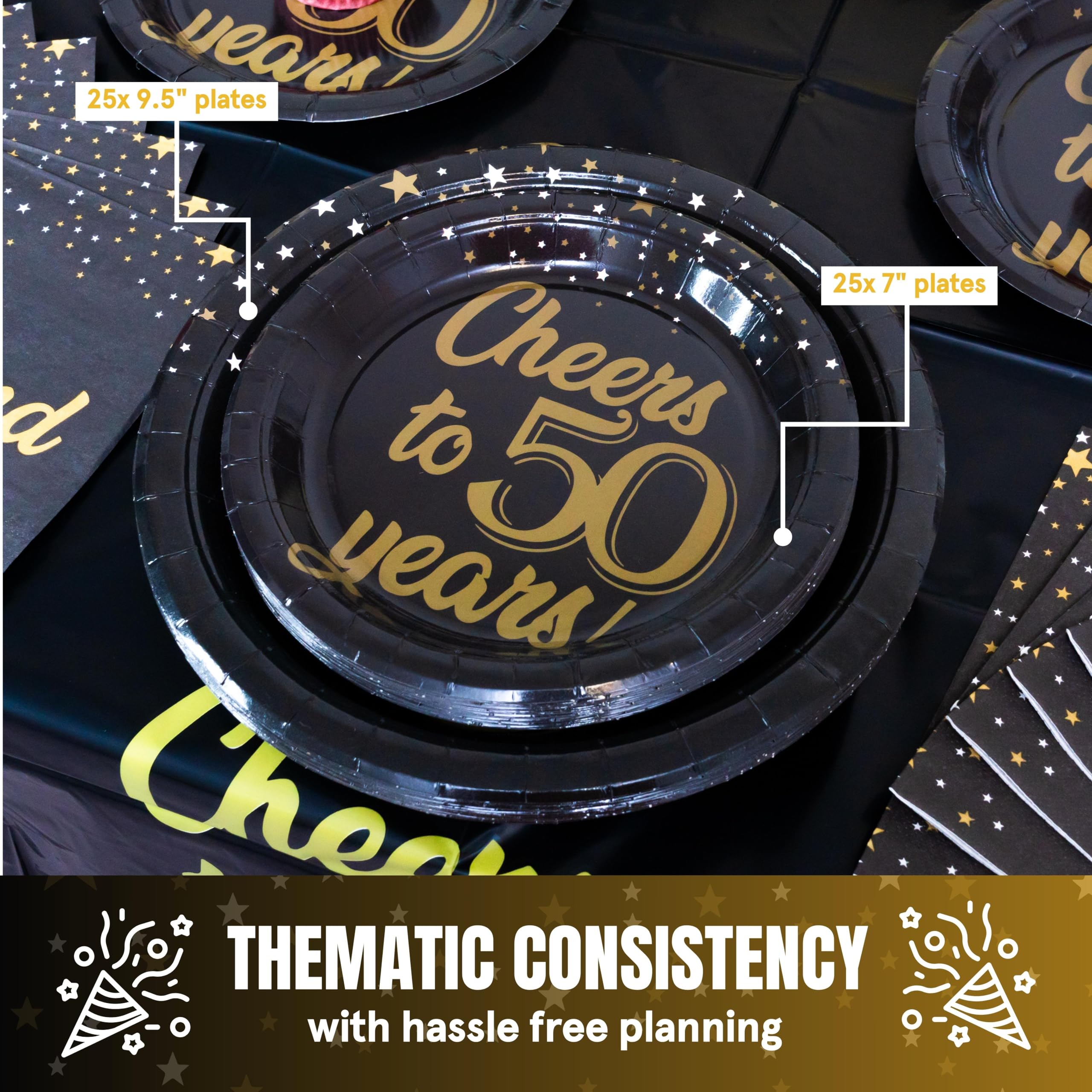 202-Piece 50th Birthday Decorations Set for Women and 50th birthday decorations men β Includes Plates, Napkins, Cups, Tablecloth, Cutlery, and Balloons β Serves 25