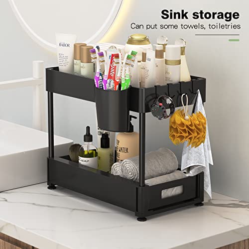 Under Sink Organizers and Storage 2 Pack, ZOMILB Bathroom Organizer 2-Tier Sliding Kitchen Cabinet Organization with Hook, Hanging Cup, Multi-purpose Under Sink Shelf Organizer for Home Storage, Black