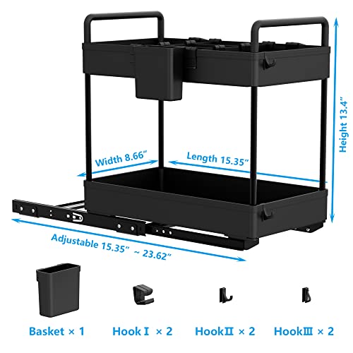 HEITICUP 2 Tier Under-Sink Organizers and Storage, Sliding Cabinet Basket Organizers, Pull Out Home Organizers with Hooks & Hanging Cups for Bathroom, Kitchen, Laundry Room, Black