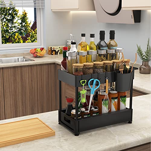 Under Sink Organizers and Storage 2 Pack, ZOMILB Bathroom Organizer 2-Tier Sliding Kitchen Cabinet Organization with Hook, Hanging Cup, Multi-purpose Under Sink Shelf Organizer for Home Storage, Black
