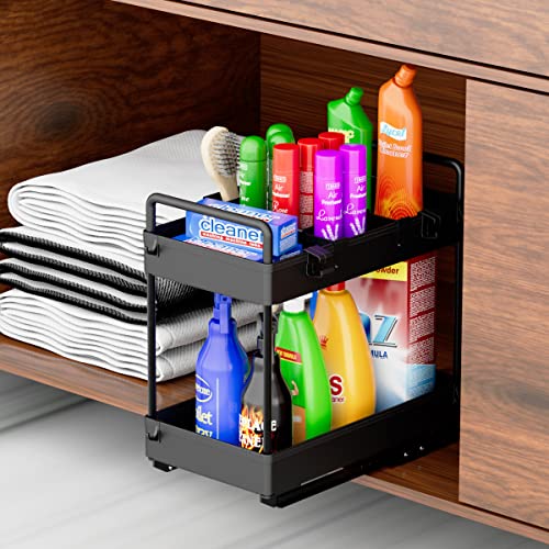 HEITICUP 2 Tier Under-Sink Organizers and Storage, Sliding Cabinet Basket Organizers, Pull Out Home Organizers with Hooks & Hanging Cups for Bathroom, Kitchen, Laundry Room, Black