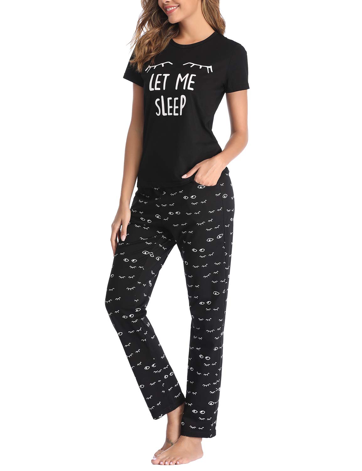 EISHOPEER Women's Pajama Set Printed Short Sleeve Top & Long Pants Sleepwear Pjs Sets Black S