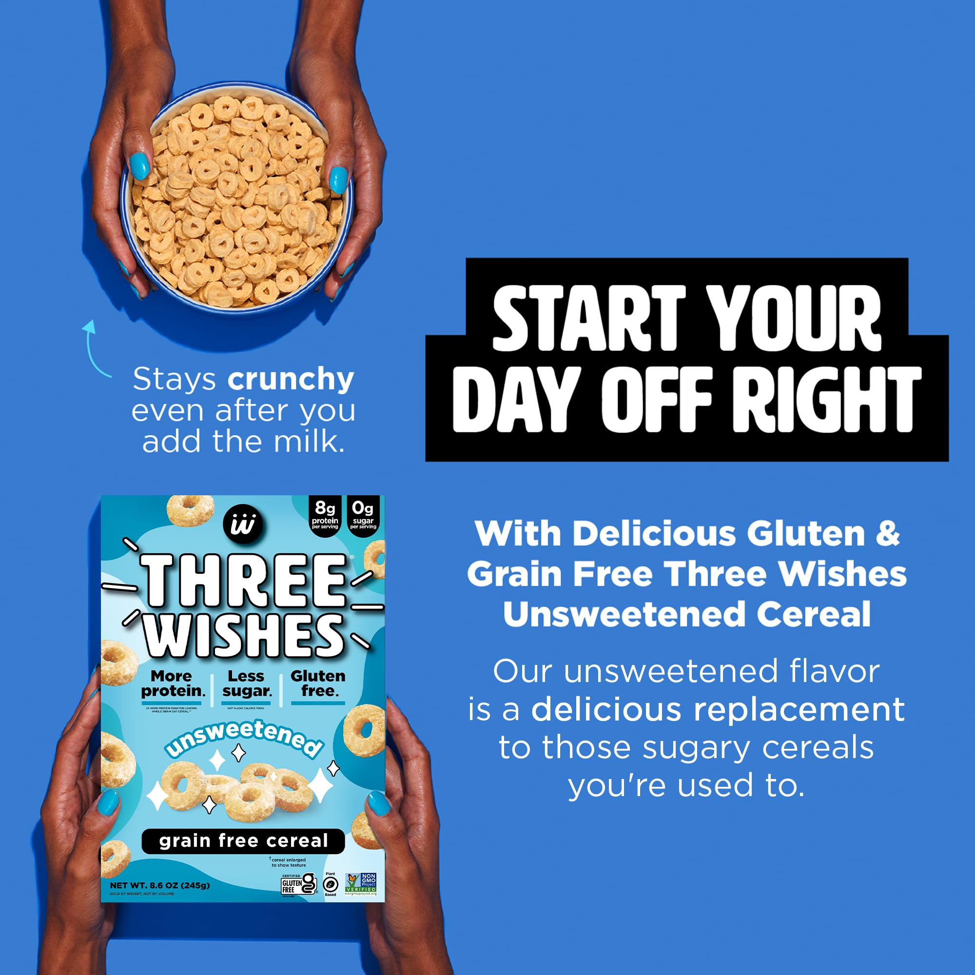 Plant-Based and Vegan Breakfast Cereal by Three Wishes - Unsweetened, 6 Pack - More Protein and Less Sugar Snack - Gluten-Free, Grain-Free - Non-GMO