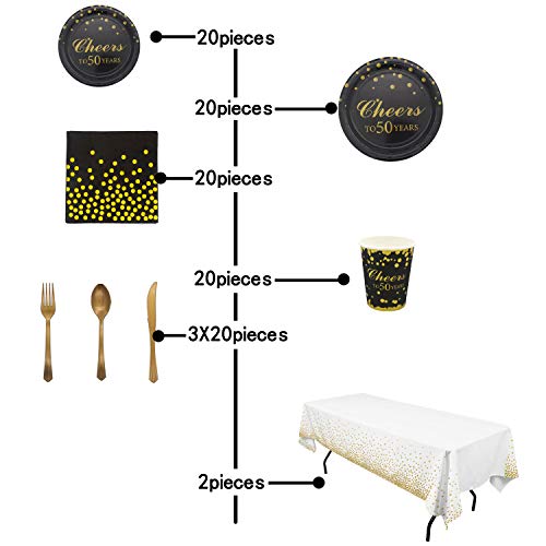 Pandecor 50th Birthday Party Supplies -Serves 20-142 PCS Disposable Tableware Set,Includes Table Cover,Dinner Plates,Dessert Plates,Cups,Napkins,Forks,Knives and Spoons for 50 Years Anniversary Party