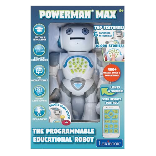 LEXiBOOK Powerman Max - Remote Control Walking Talking Toy Robot STEM Programmable Dances Sings Telling 10,000 Stories 300+ Learning Quiz Shooting Discs and Voice Repeat for Kids 4+ - ROB80EN, White