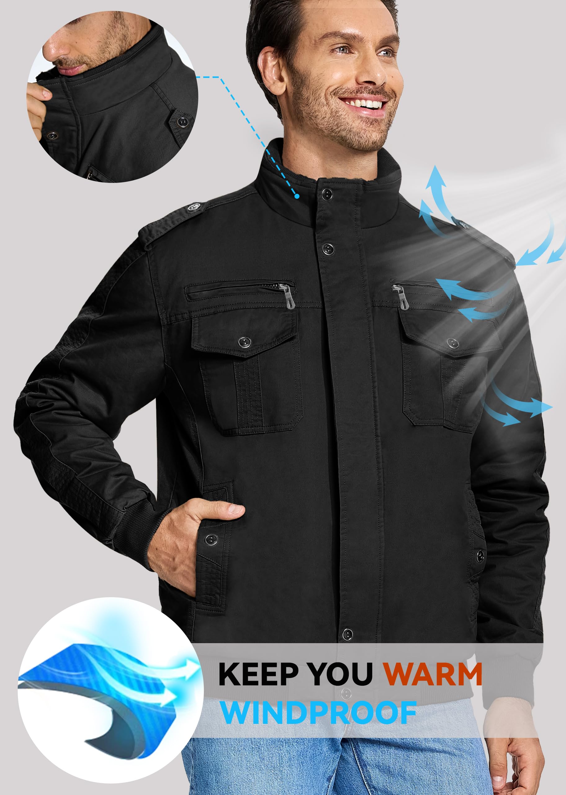 EKLENTSON Mens Winter Jacket Military Jacket Men Cargo Jacket Men Fleece Thick Jackets Winter Coat Men Black Jacket for Men