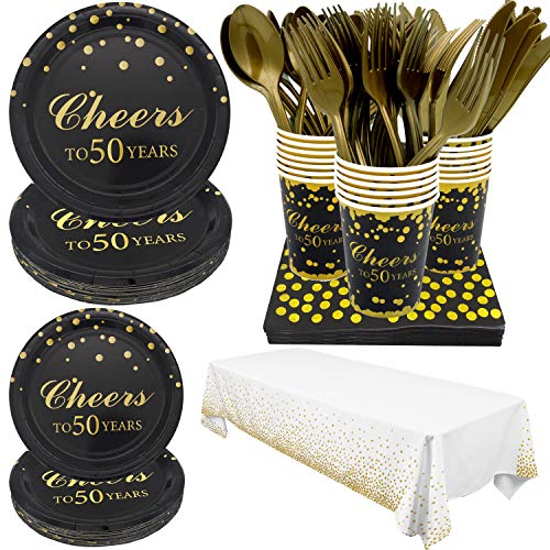 Pandecor 50th Birthday Party Supplies -Serves 20-142 PCS Disposable Tableware Set,Includes Table Cover,Dinner Plates,Dessert Plates,Cups,Napkins,Forks,Knives and Spoons for 50 Years Anniversary Party