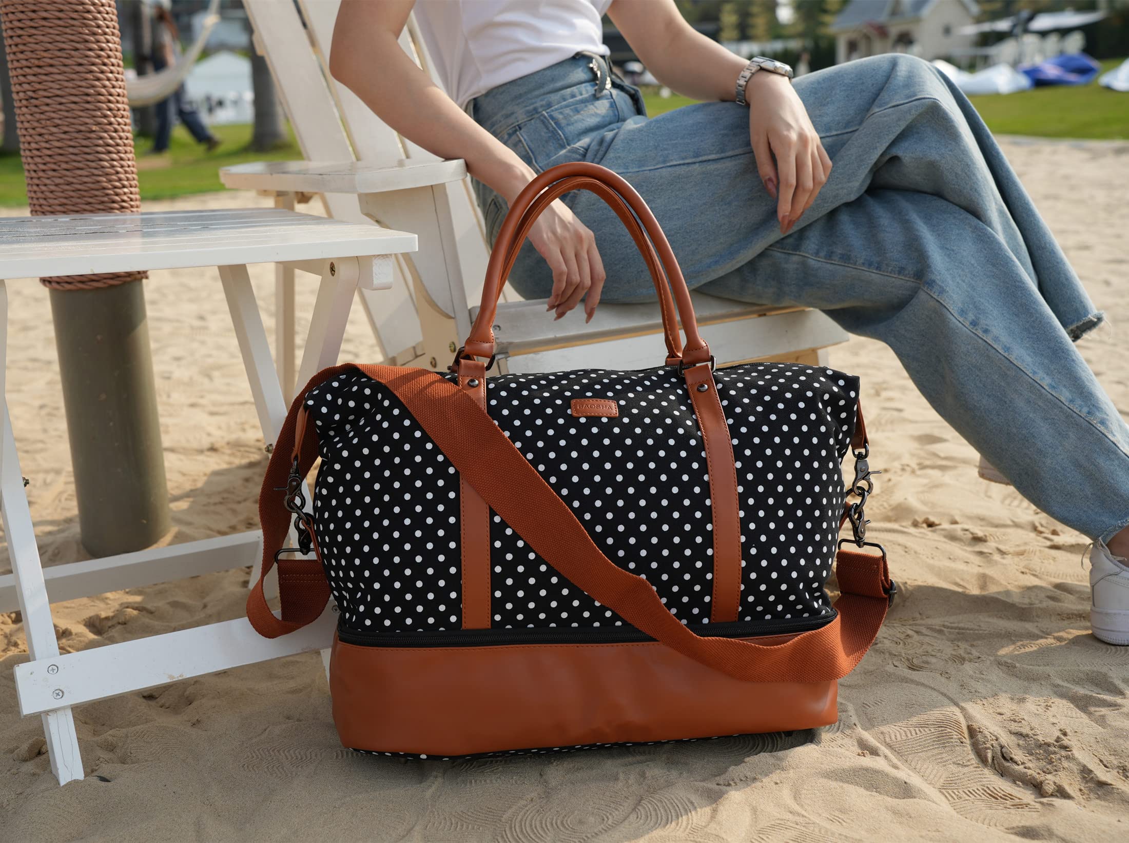 BAOSHA HB-28 Ladies Women Canvas Travel Weekender Bag Overnight Carry-on Duffel Tote Bag (Black Dot) 18 x 13 x 8 inch