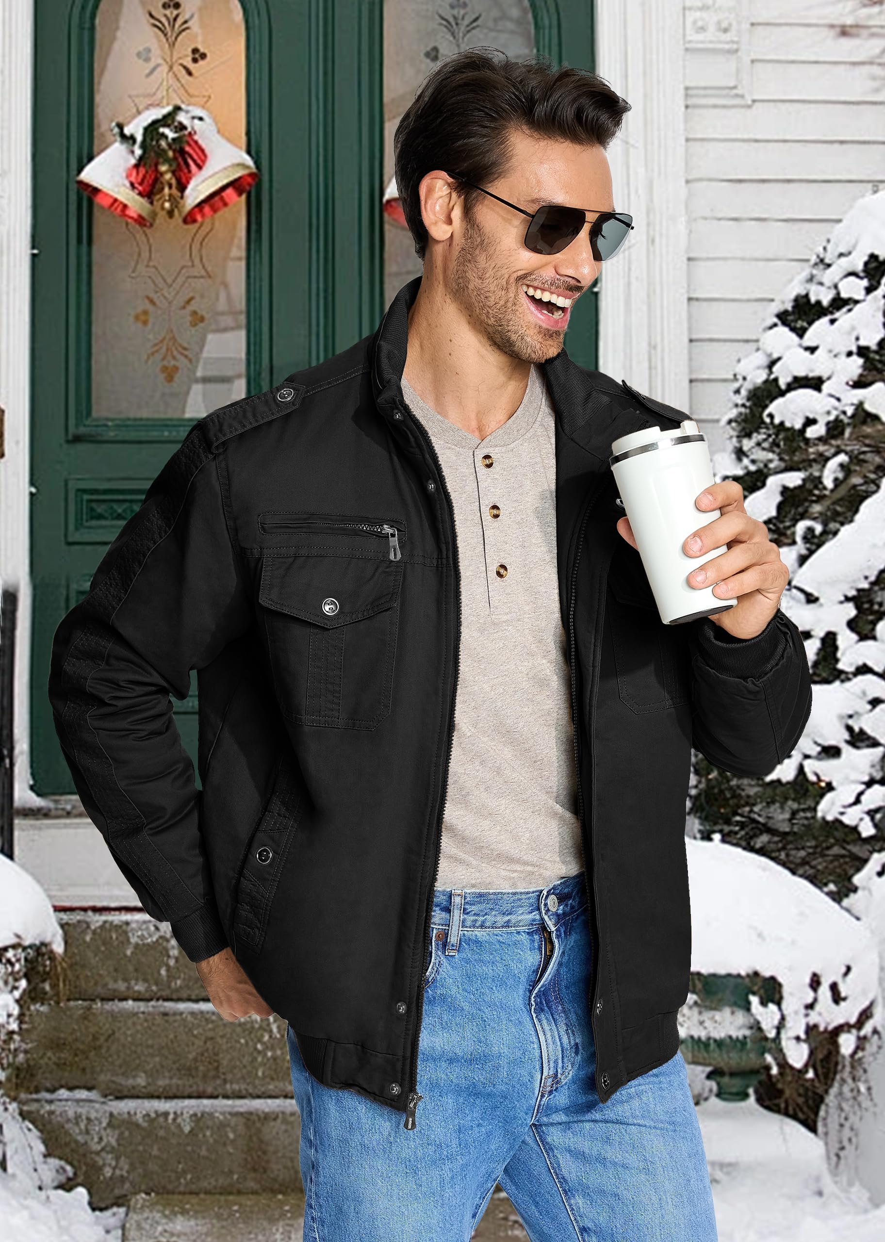 EKLENTSON Mens Winter Jacket Military Jacket Men Cargo Jacket Men Fleece Thick Jackets Winter Coat Men Black Jacket for Men