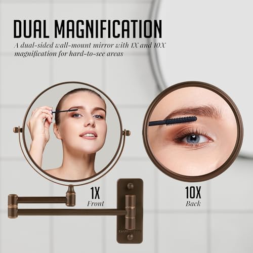 OVENTE 7" Wall Mounted Makeup Mirror with 1X/10X Magnification, Double Sided Magnifying Round Bathroom Vanity Mirror, 360° Swivel Design, Extendable and Folding Arm, Antique Bronze MNLFW70ABZ1X10X