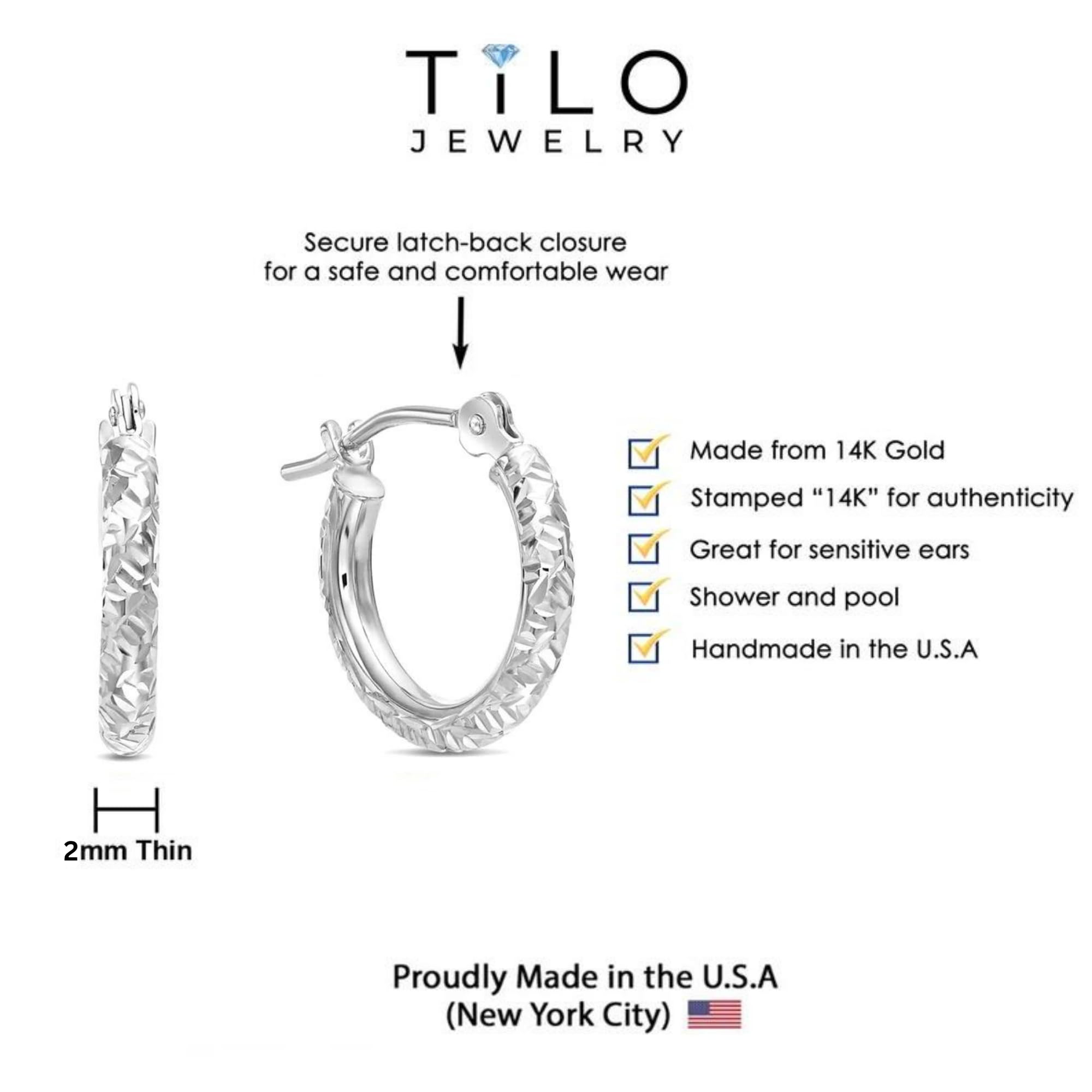 14k Gold Hand Engraved Diamond-cut Round Hoop Earrings (White Gold)…
