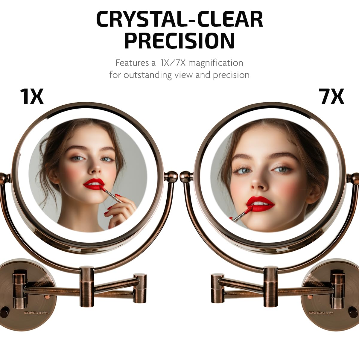 OVENTE 9" Lighted Wall Mount Makeup Mirror with 1X/7X Magnification, Double Sided Magnifying Bathroom Mirror, LED Glow Light, 360° Swivel Design, Extendable Folding Arm, Antique Brass MPWD3185AB1X7X